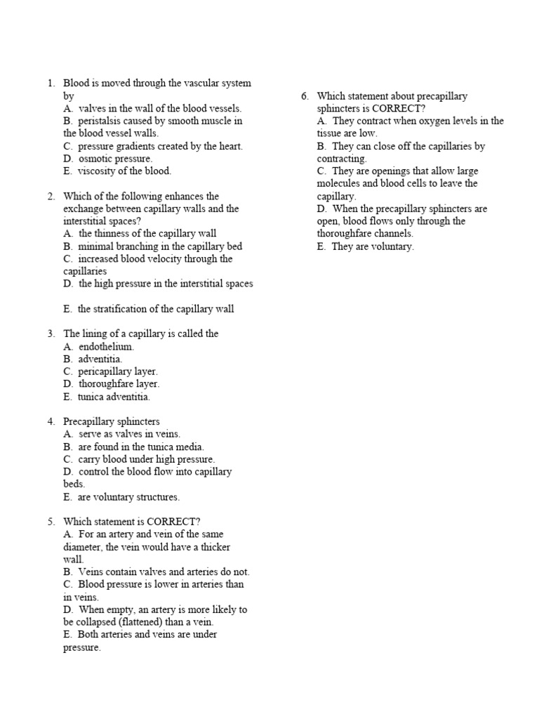 Blood Vessels Practice Questions | Download Free PDF | Vein | Artery