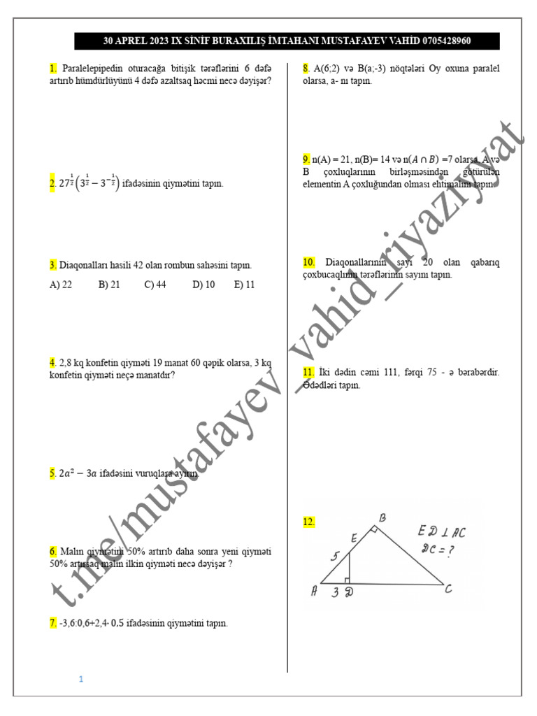 30 Aprel 2023 IX Sinif Buraxılış Imtahanı Mustafayev Vahid | PDF