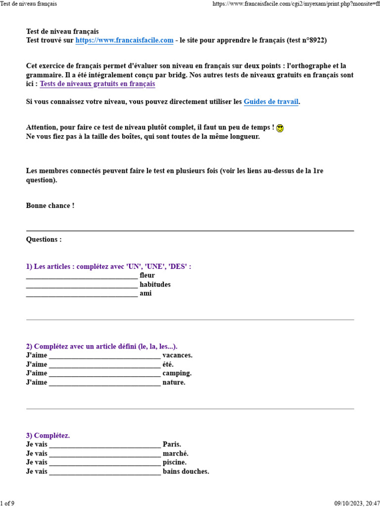 Test de niveau en français gratuit | PDF | Verbe | Sujet (Grammaire)