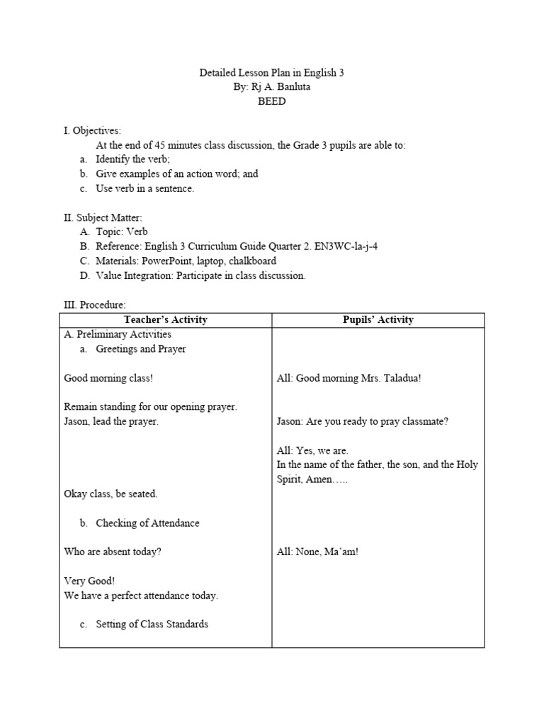 Detailed Lesson Plan in English 3 - Verb | PDF | English Language | Verb