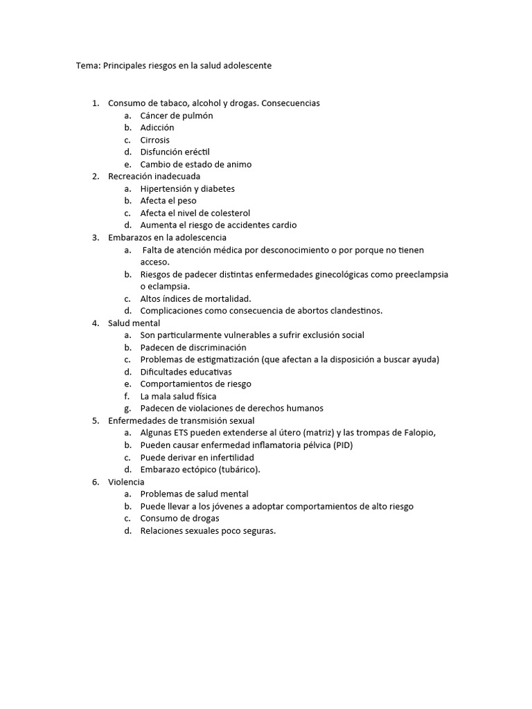 Principales Riesgos en La Salud de La Adolescencia | PDF | Salud y bienestar