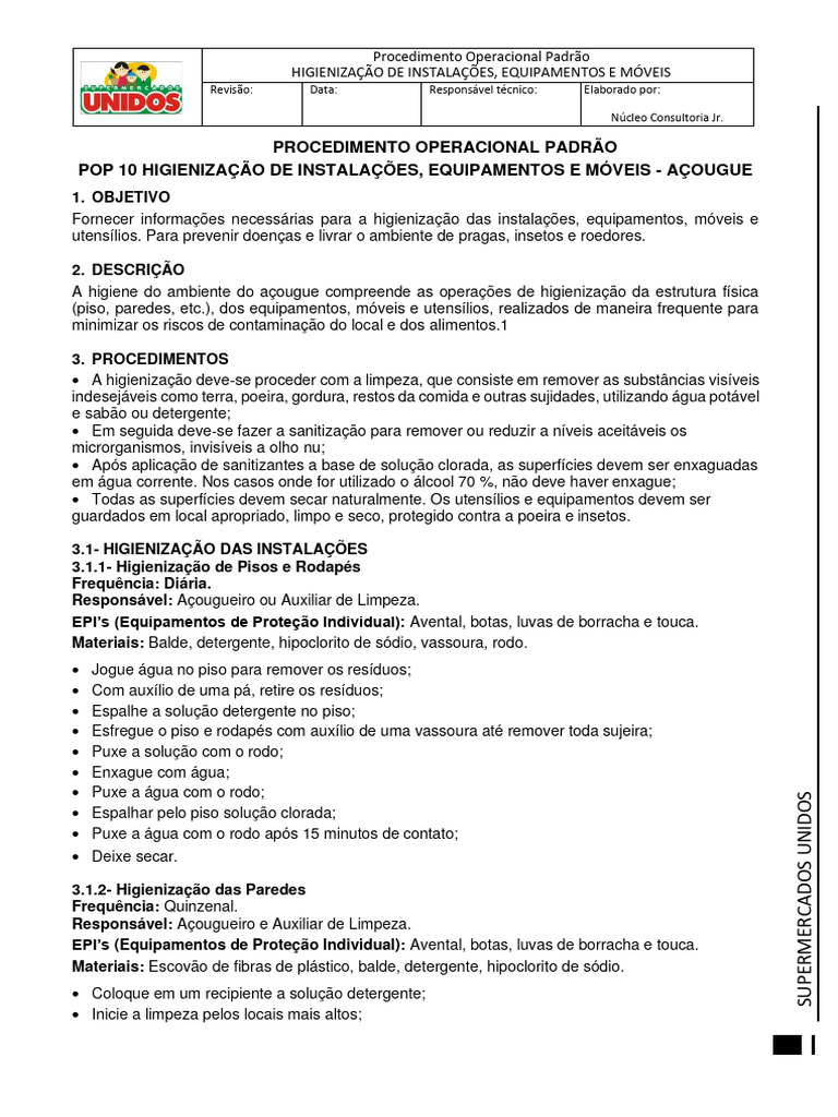 POP 10 - Higienização de Instalações, Móveis e Utensiílios - Açougue ...