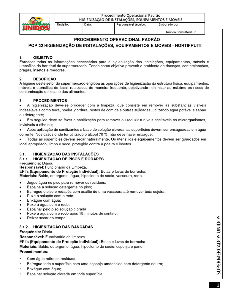 POP 22 - Higienização Das Instalações, Equipamentos, Móveis e ...