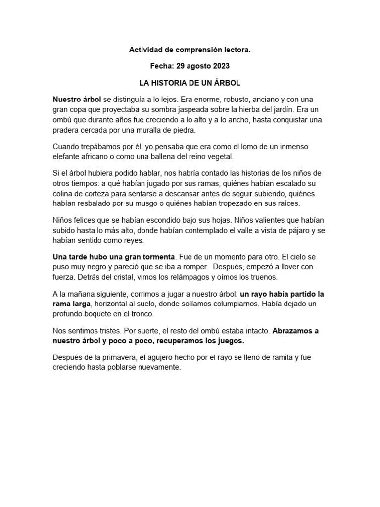 Comprensión Lectora: La Historia del Árbol | PDF | Hogar, jardinería y ...