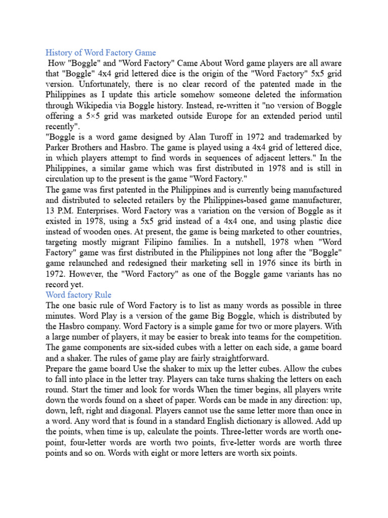 History of Word Factory Game | PDF | Gaming | Games Of Mental Skill