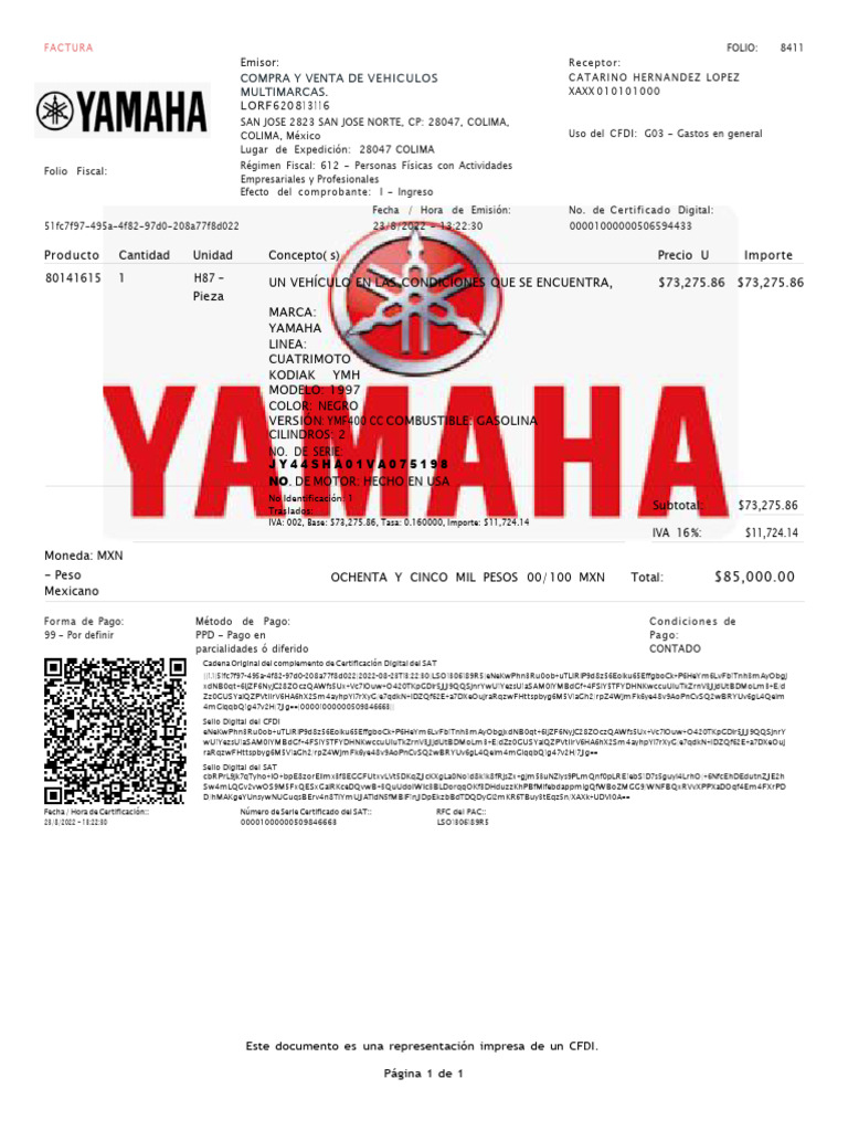 Factura Yamaha+ | PDF | Factura | Coche