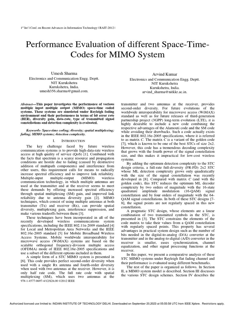 Performance Evaluation Of Different Space Time Codes For Mimo System Pdf Mimo Modulation