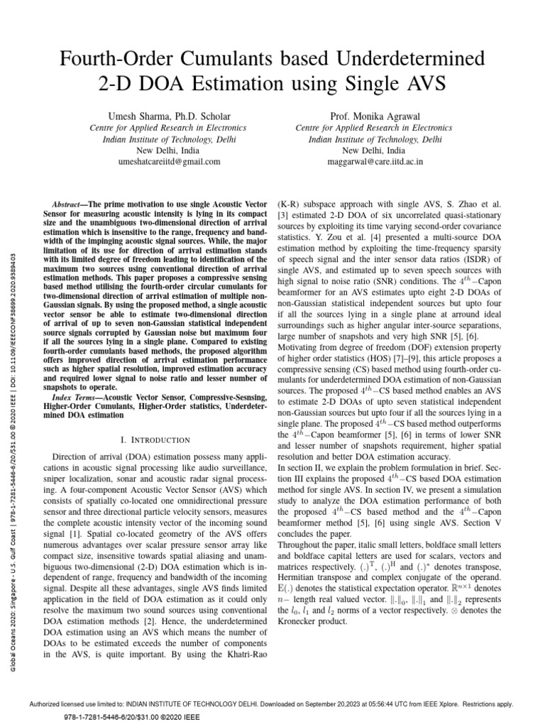 Fourth Order Cumulants Based Underdetermined 2 D Doa Estimation Using Single Avs Pdf 