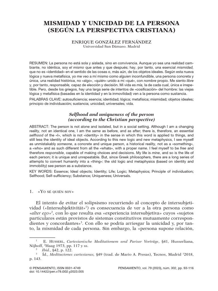 Mismidad y Unicidad de La Persona (Según La Perspectiva Cristiana ...