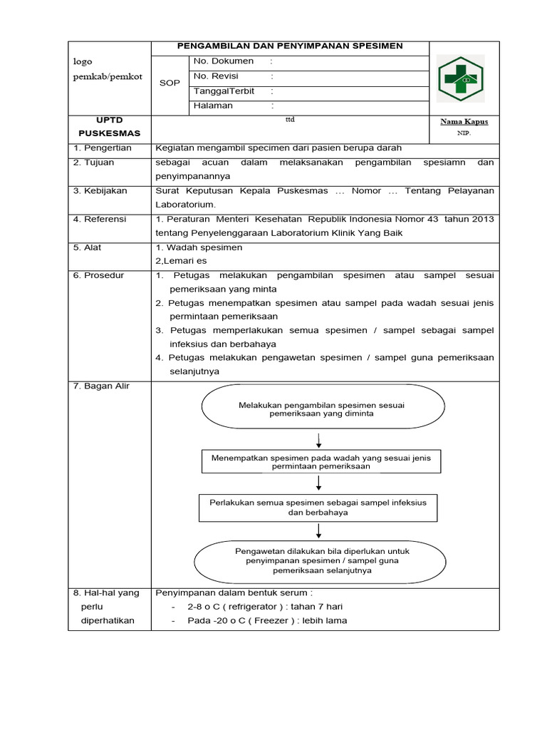 3.9.1.a SOP PENGAMBILAN DAN PENYIMPANAN SPESIMEN | PDF