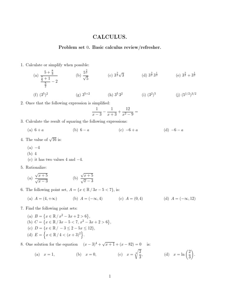 Calculus.: Problem Set 0. Basic Calculus Review/refresher | PDF