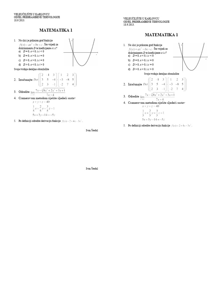 Ispit Matematika 1 Rujan2 2013 | PDF