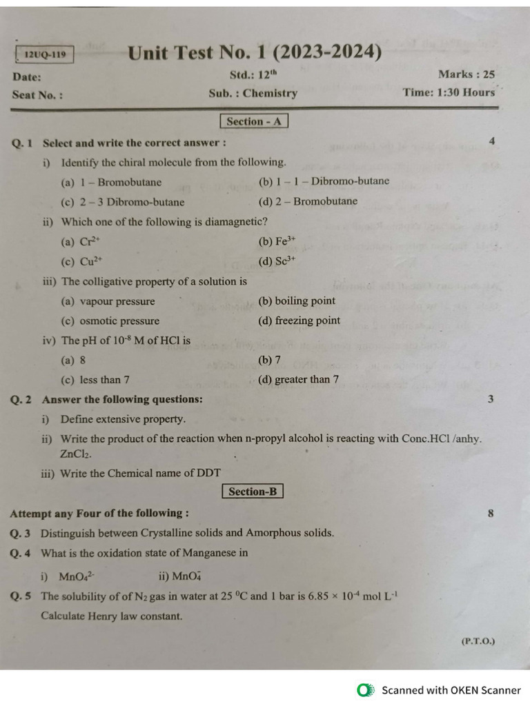 12th Chemistry Unit Test Paper | PDF