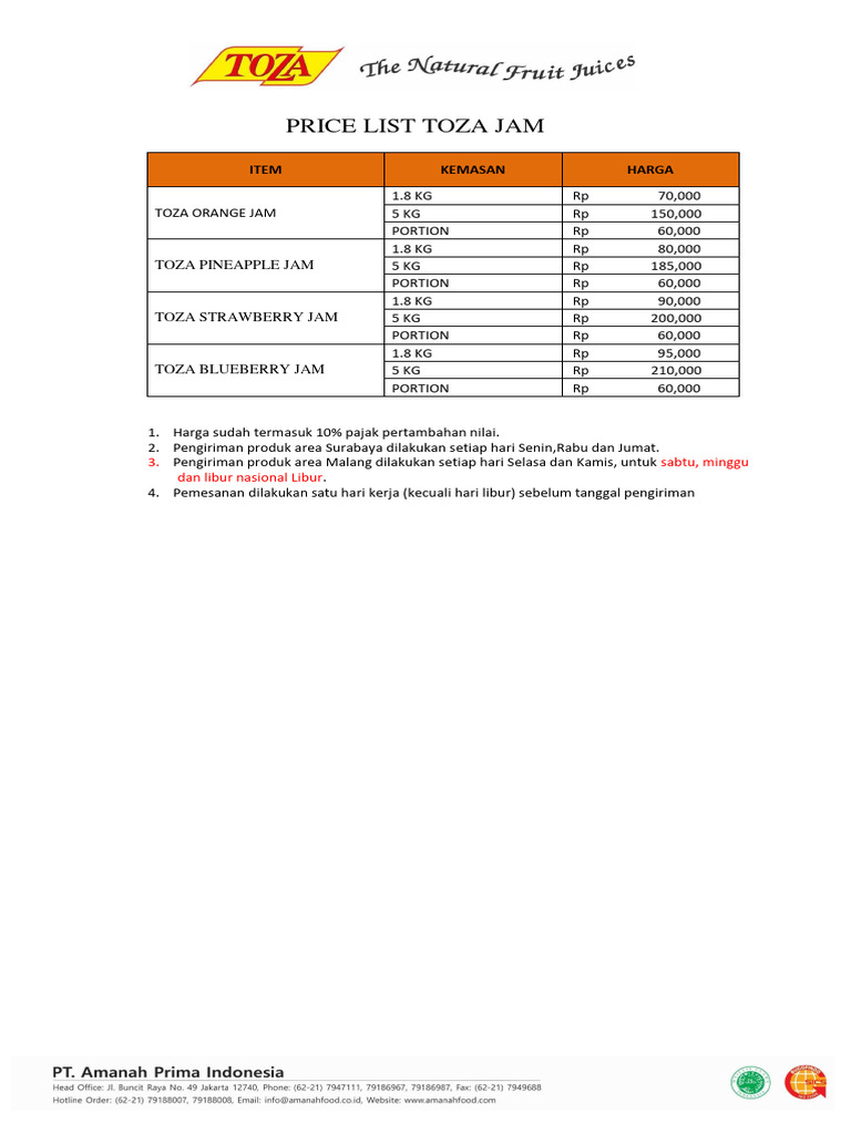 Price List Toza Jam | PDF