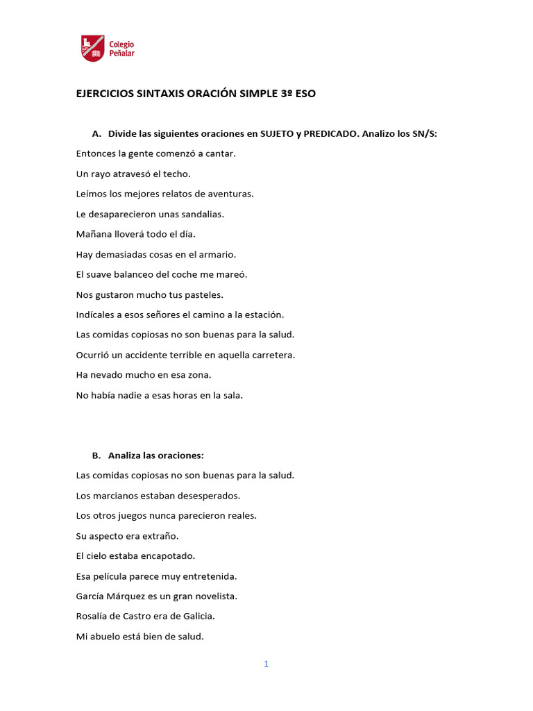 Ejercicios SINTAXIS O. SIMPLE 3º ESO | PDF