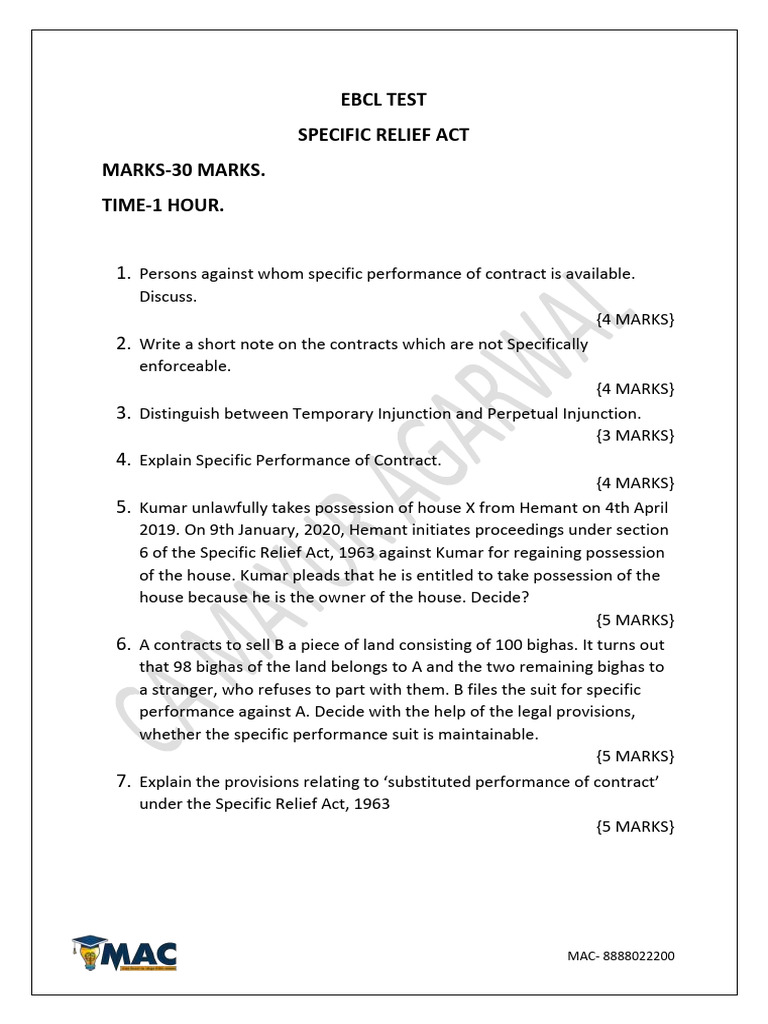 Chapter 21 Specific Relief Act (Question Paper) | PDF