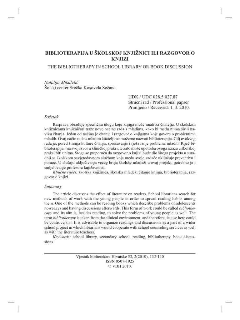 Biblioterapija U Školskoj Knjižnici Ili Razgovor o | PDF