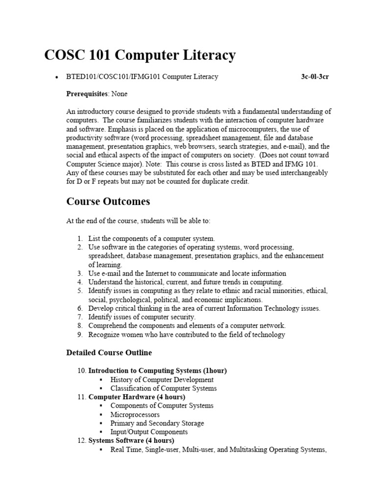 COSC 101 Computer Literacy | PDF | Computing | Operating System