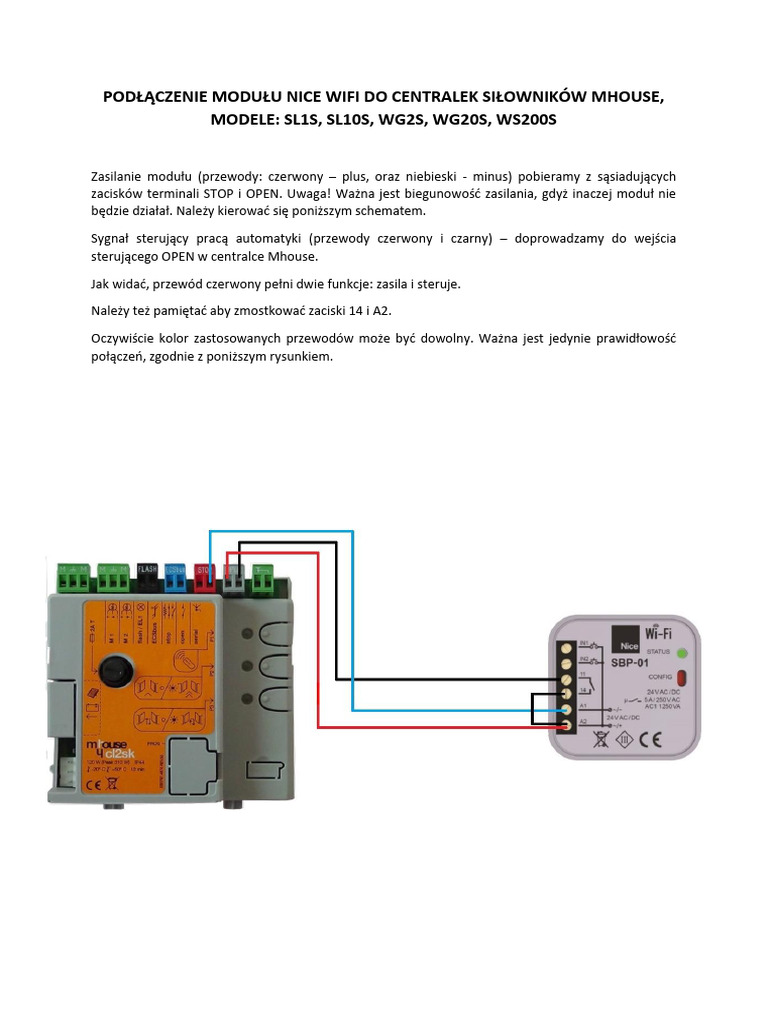 SL1S Instrukcja Podłączenia Modułu Nice WiFi Do Centralek Mhouse | PDF