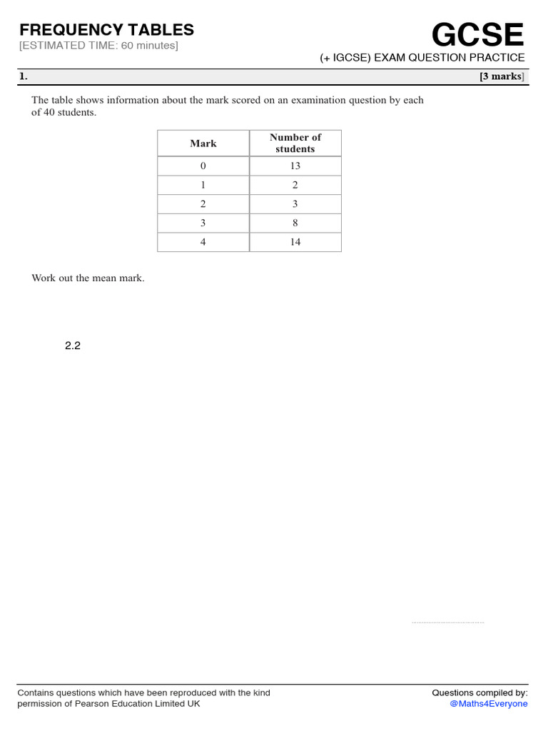 Frequency Tables Gcse 9 1 Practice Questions 30312 | PDF