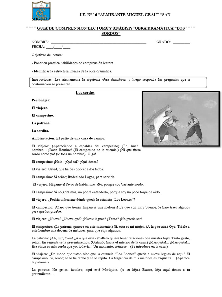 Guia de Comprension Lectora y Analisis Obra Dramatica Los Sordos | PDF