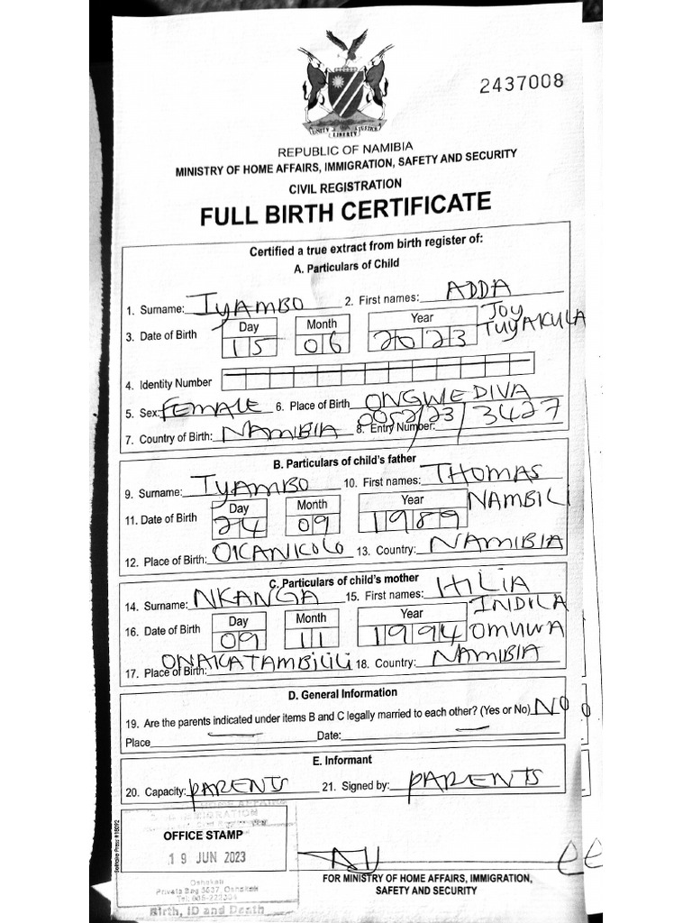 Adda Joy Full Birth Certificate | PDF