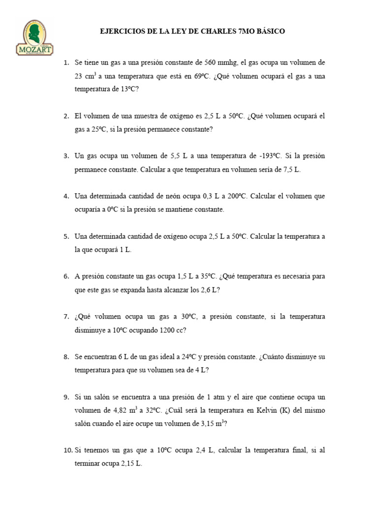 Ejercicios de la ley de Charles | PDF