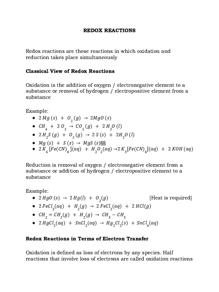 Redox Reactions Notes | Download Free PDF | Redox | Electrochemistry