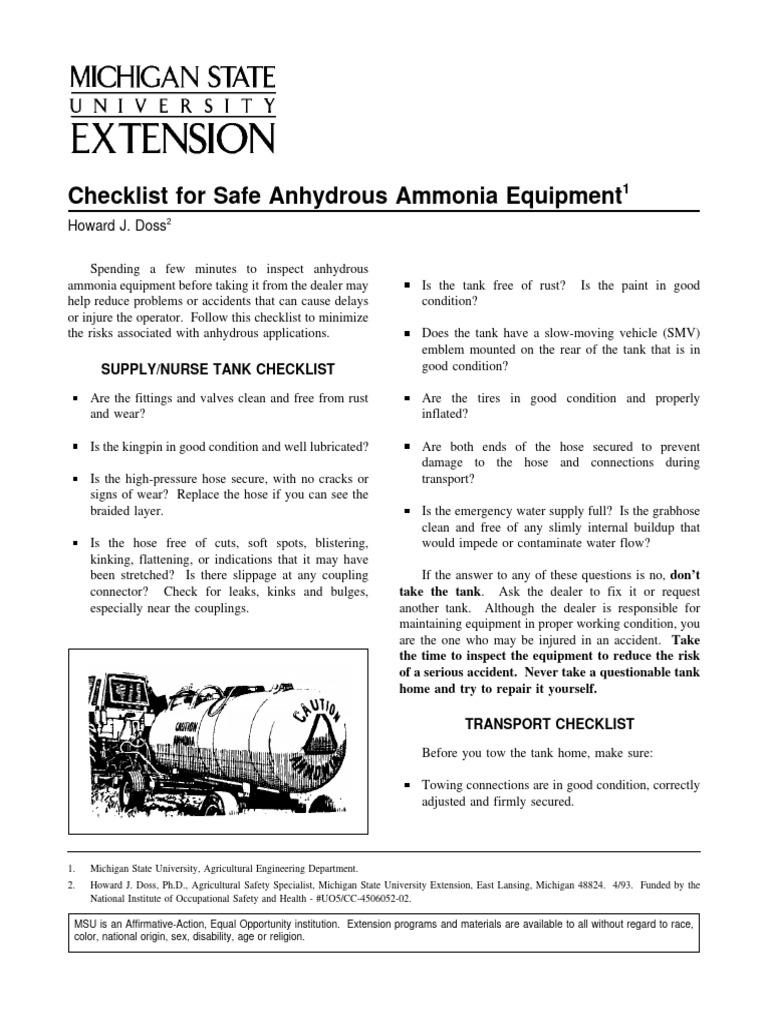 Anhydrous Ammonia Safety Checklist | PDF | Water | Equipment