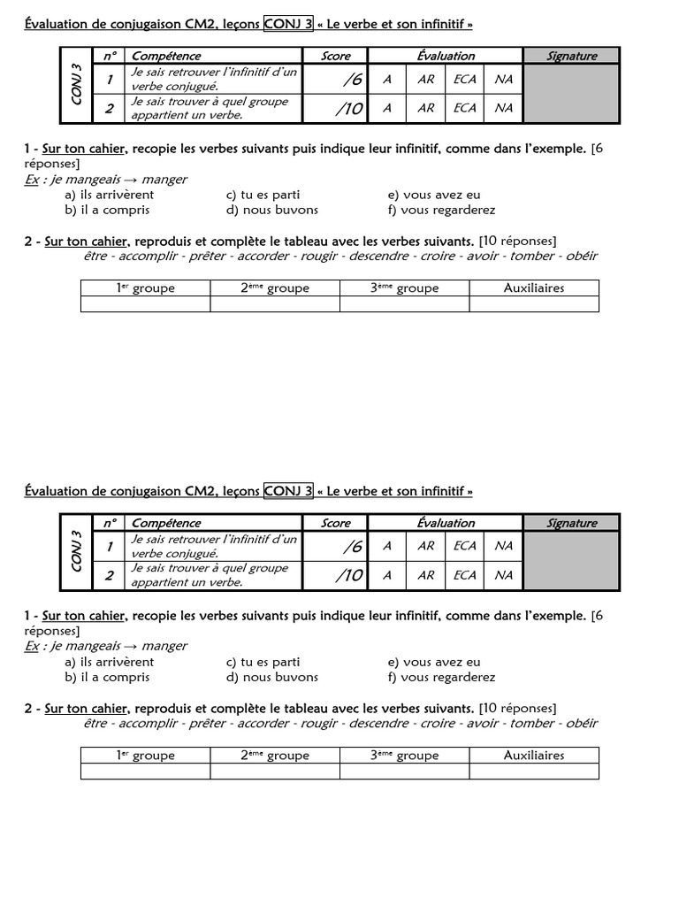 CM2 Le Verbe Et Son Infinitif Evaluation | PDF | Verbe | Conjugaison