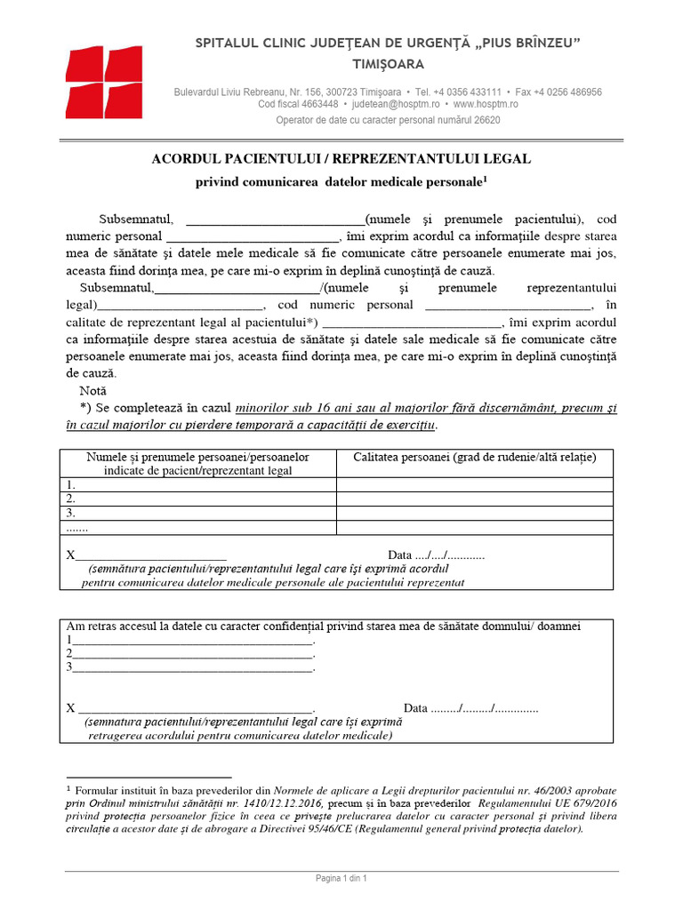 Formular Acord Pacient Privind Comunicarea Datelor Medicale Personale | PDF