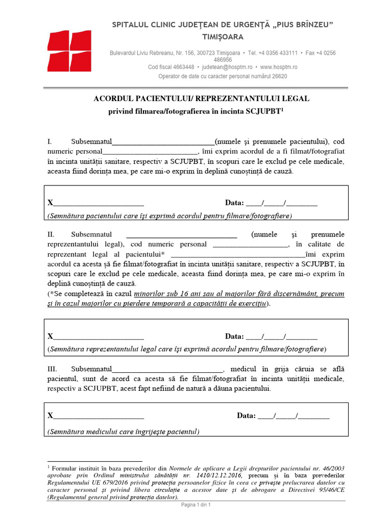 Formular Acord Filmare Sau Fotografiere Pacient in Incinta SCJUPBT | PDF