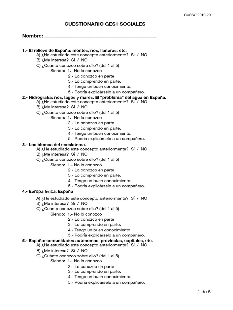 Cuestionario Inicial GES1 Sociales | PDF | Ciencias de la Tierra