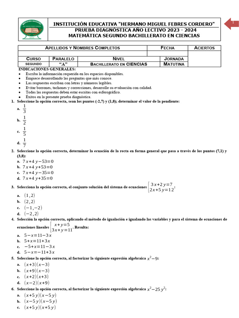 002 Prueba Diagnostica Segundo BC Matematica 2023 2024 | PDF | Ecuaciones | Matemáticas