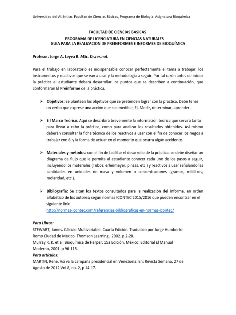 Guia Presentacion de Preinformes E Informes Bioquímica - UA - LIC CN-Prof - Dr. Jorge A. Leyva R ...