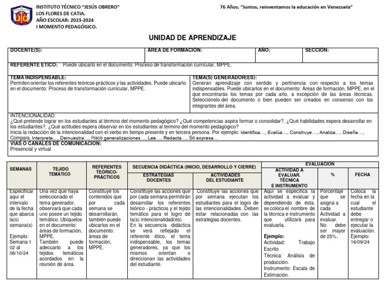 FORMATO UNIDAD DE APRENDIZAJE 2023 - 2024 | PDF | Aprendizaje | Evaluación
