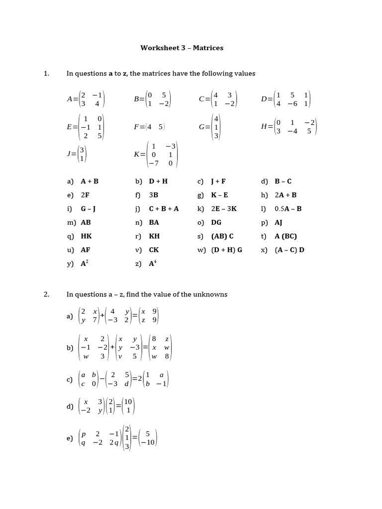 Worksheet 3 - Matrices | PDF | Determinant | Matrix (Mathematics)