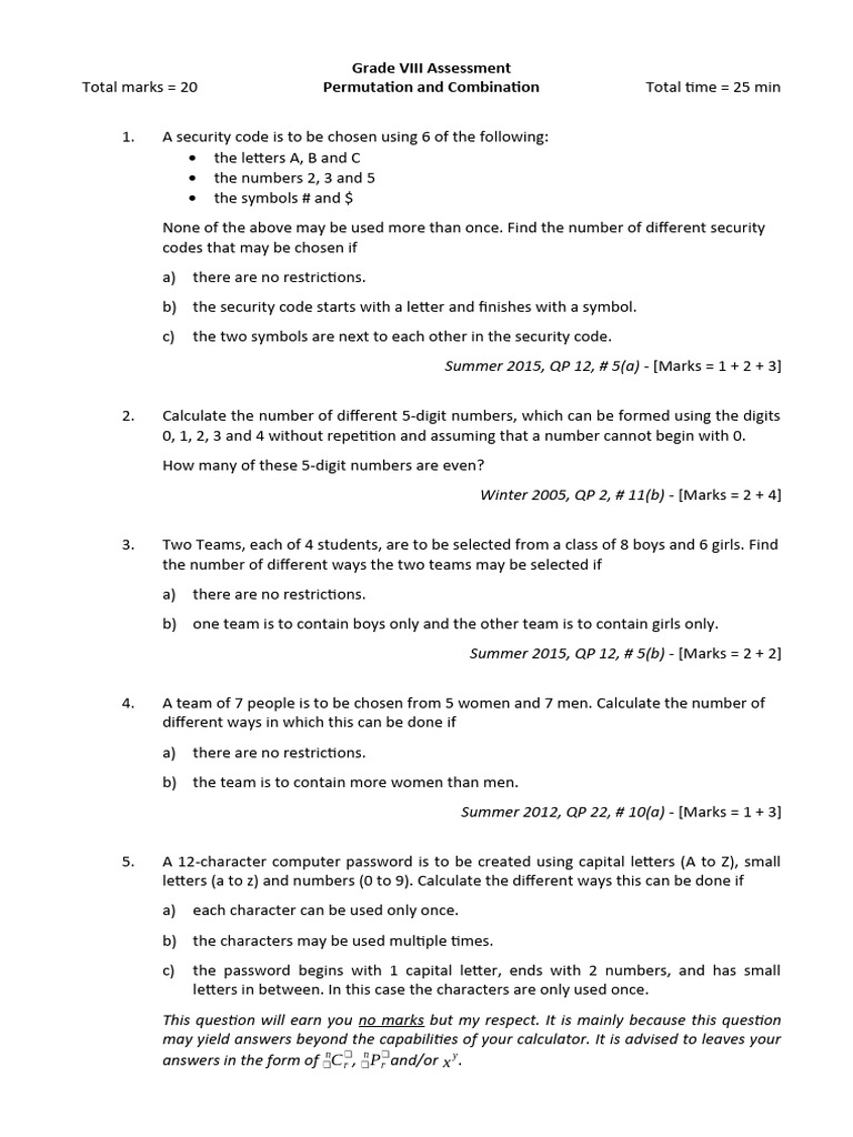 Grade VIII Permutation & Combination Assessment | PDF | Teaching ...