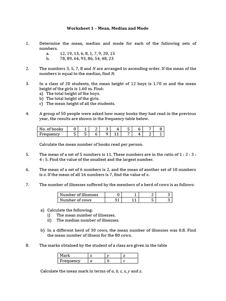 Worksheet 1 - Mean, Median, Mode | PDF | Mean | Median