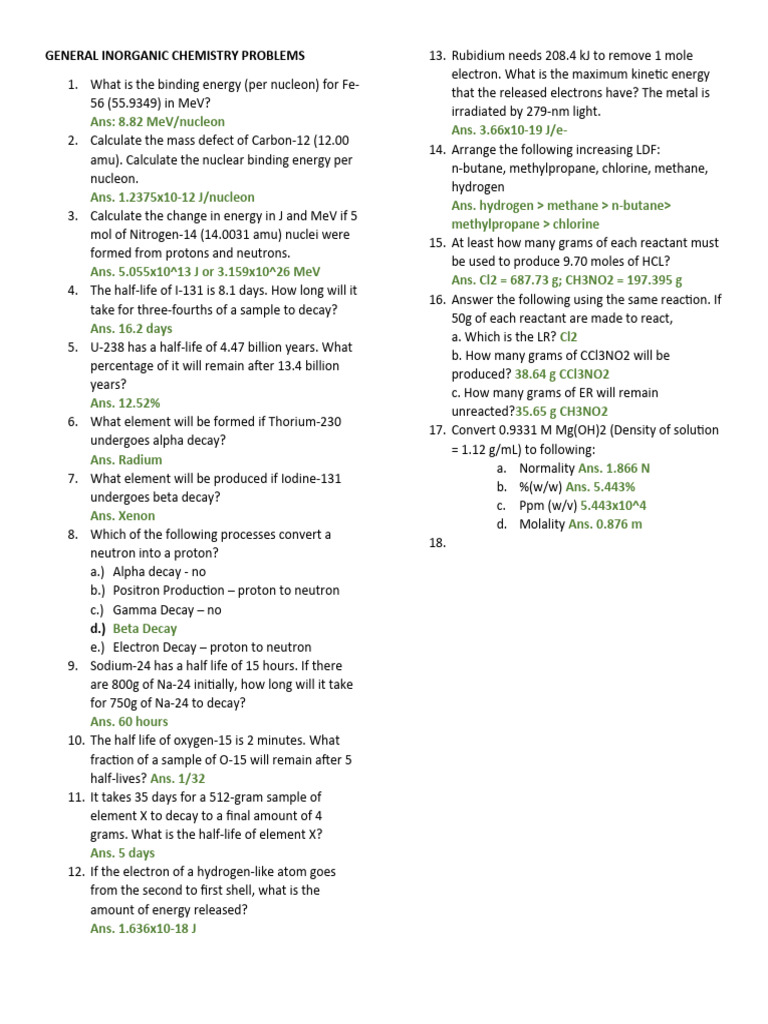 General Inorganic Chemistry Problems | PDF
