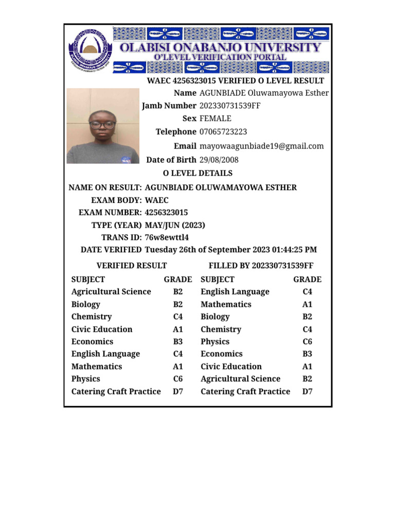 WAEC 2023 O Level Result Verified | PDF