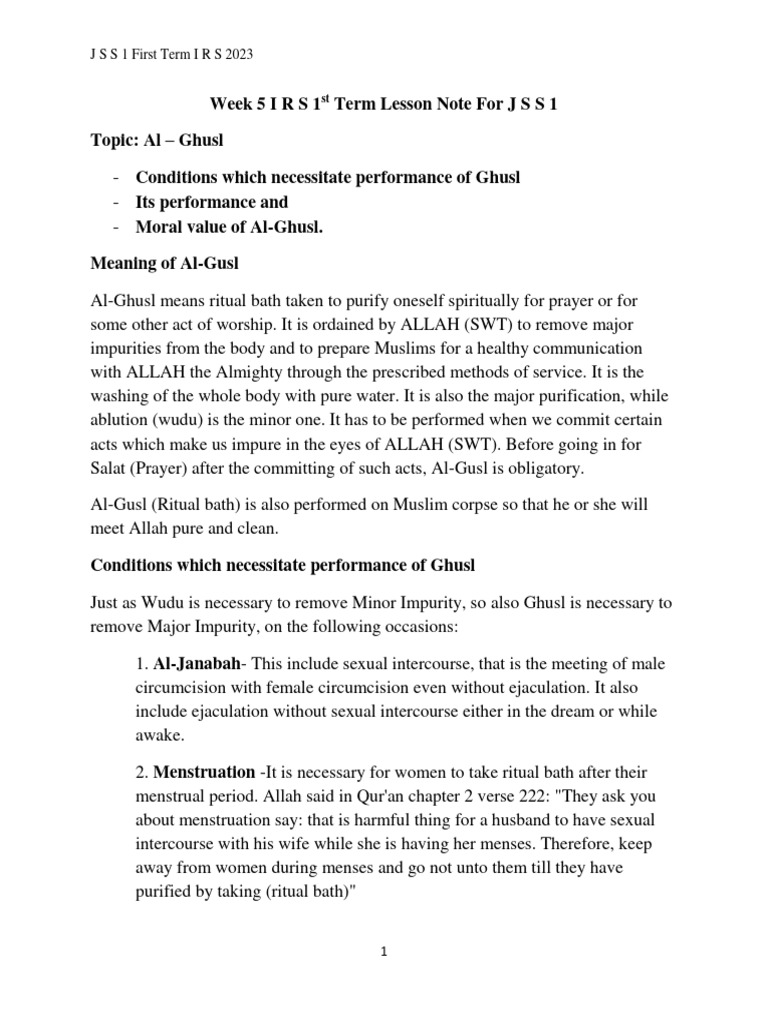 Al-Ghusl Guide for JSS 1 Students | PDF | Abrahamic Religions