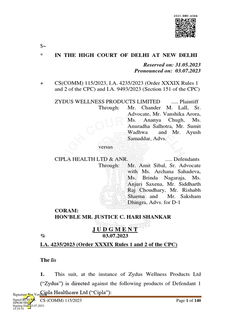 2023 DHC Zydus Vs Cipla | PDF | Trademark | Lawsuit