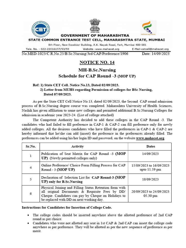 Notice No.14 Schedule For CAP Round - 3 Schedule For Institutional ...