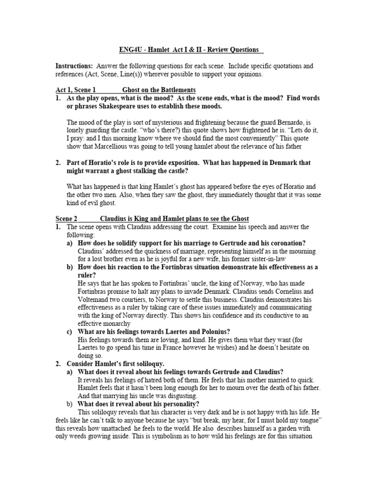 Act 1 & 2 Review Questions | PDF | Hamlet | Shakespearean Tragedies