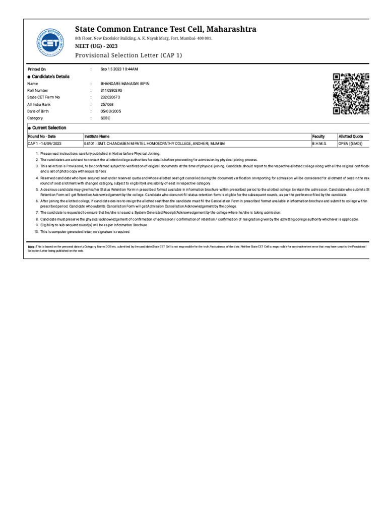 Selection Letter | PDF