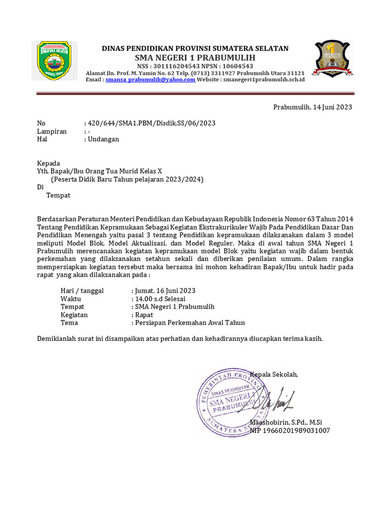 Surat Undangan Rapat Orang Tua Murid Kelas X | PDF