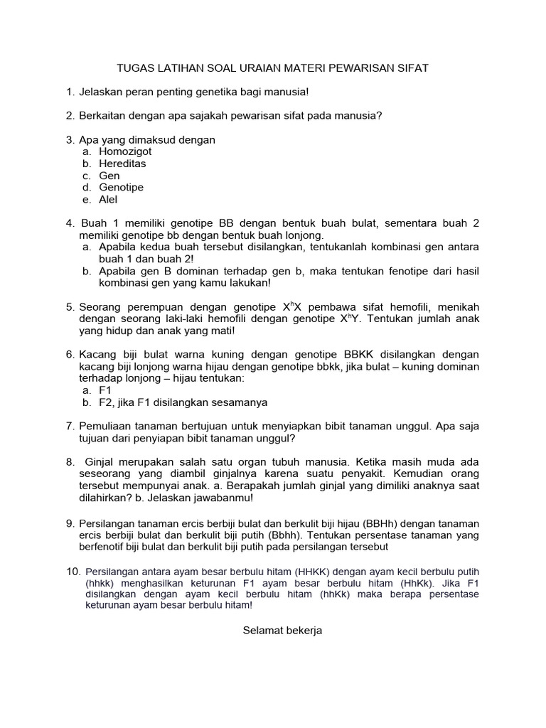 Tugas Latihan Soal Uraian Materi Pewarisan Sifat | PDF