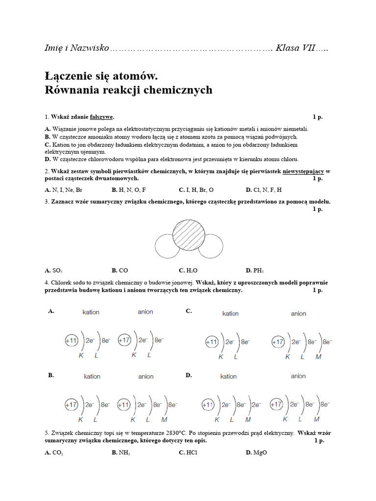 Powtorzenie Wiadomosci Z Dzialu Laczenie Sie Atomow Rownania Reakcji ... Powtorzenie Wiadomosci Z Dzialu Laczenie Sie Atomow Rownania Reakcji ...