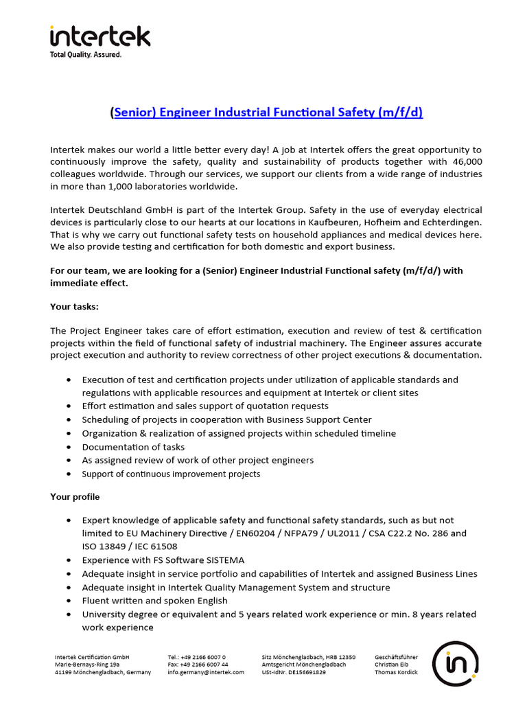 Senior Project Engineer - Industrial Functional Safety | PDF